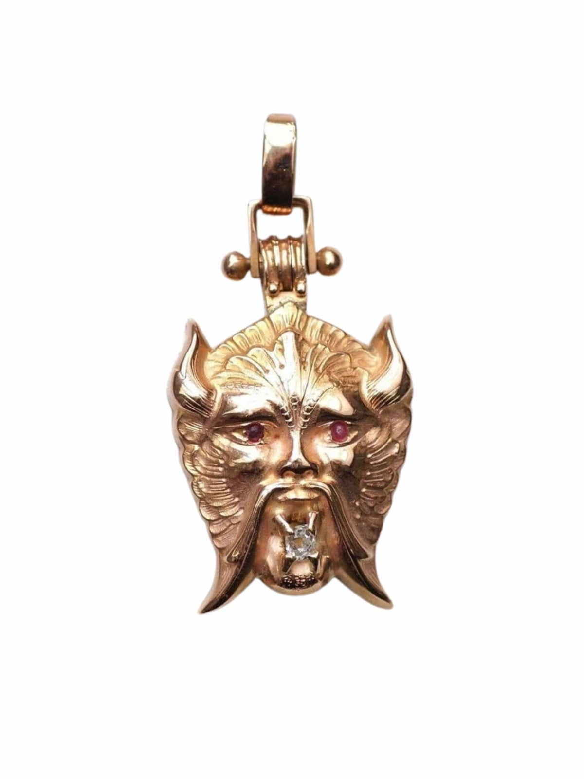 Ancient fauna pendant, god Pan, devil, opening in pink gold and diamon ...